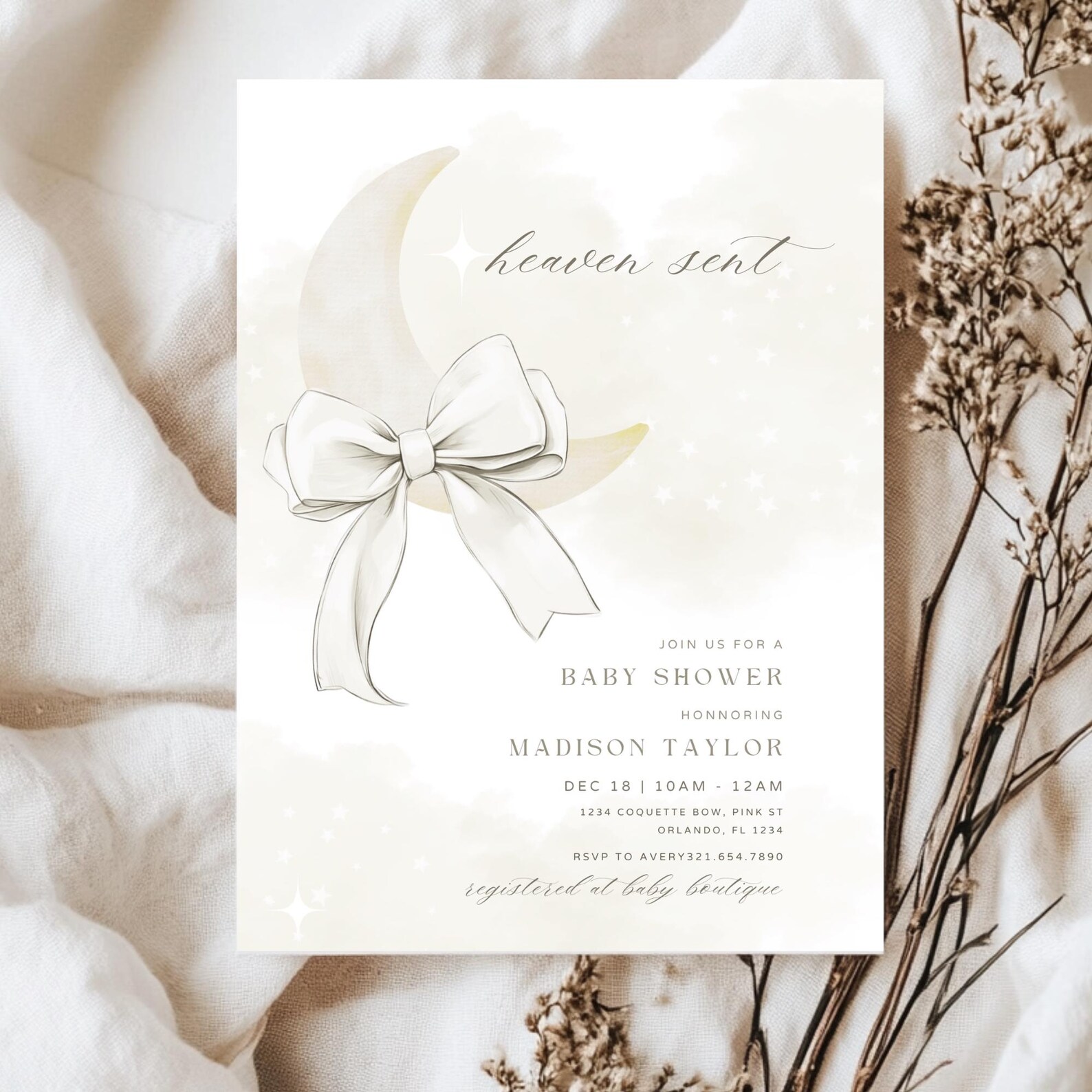 Heaven Sent Invitation, Baby Shower Invite, Moon Bow Template, White ...