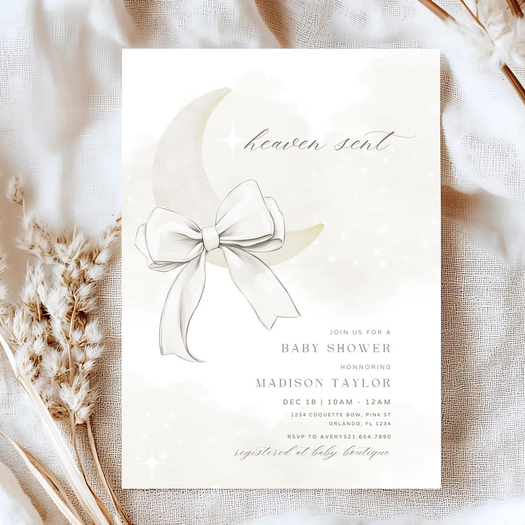Heaven Sent Baby Shower Invitation, Moon Bow Template, Digital Download ...