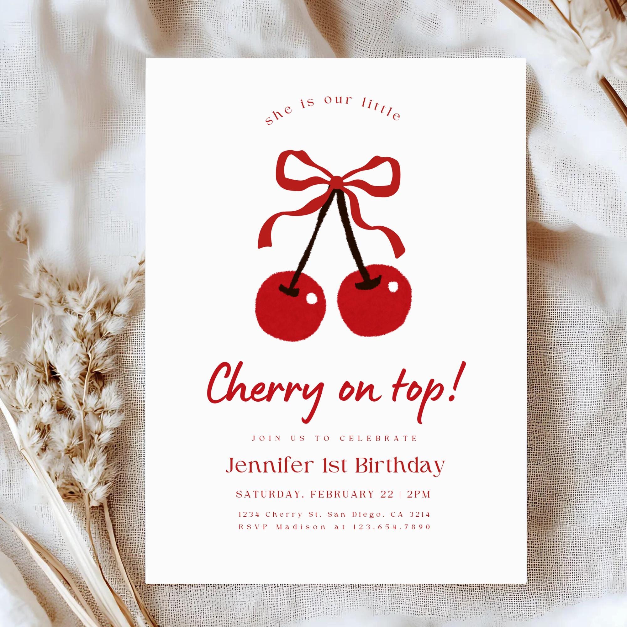 Cherry Editable Invitation Template, Cherry on Top Invite, 1st Birthday ...