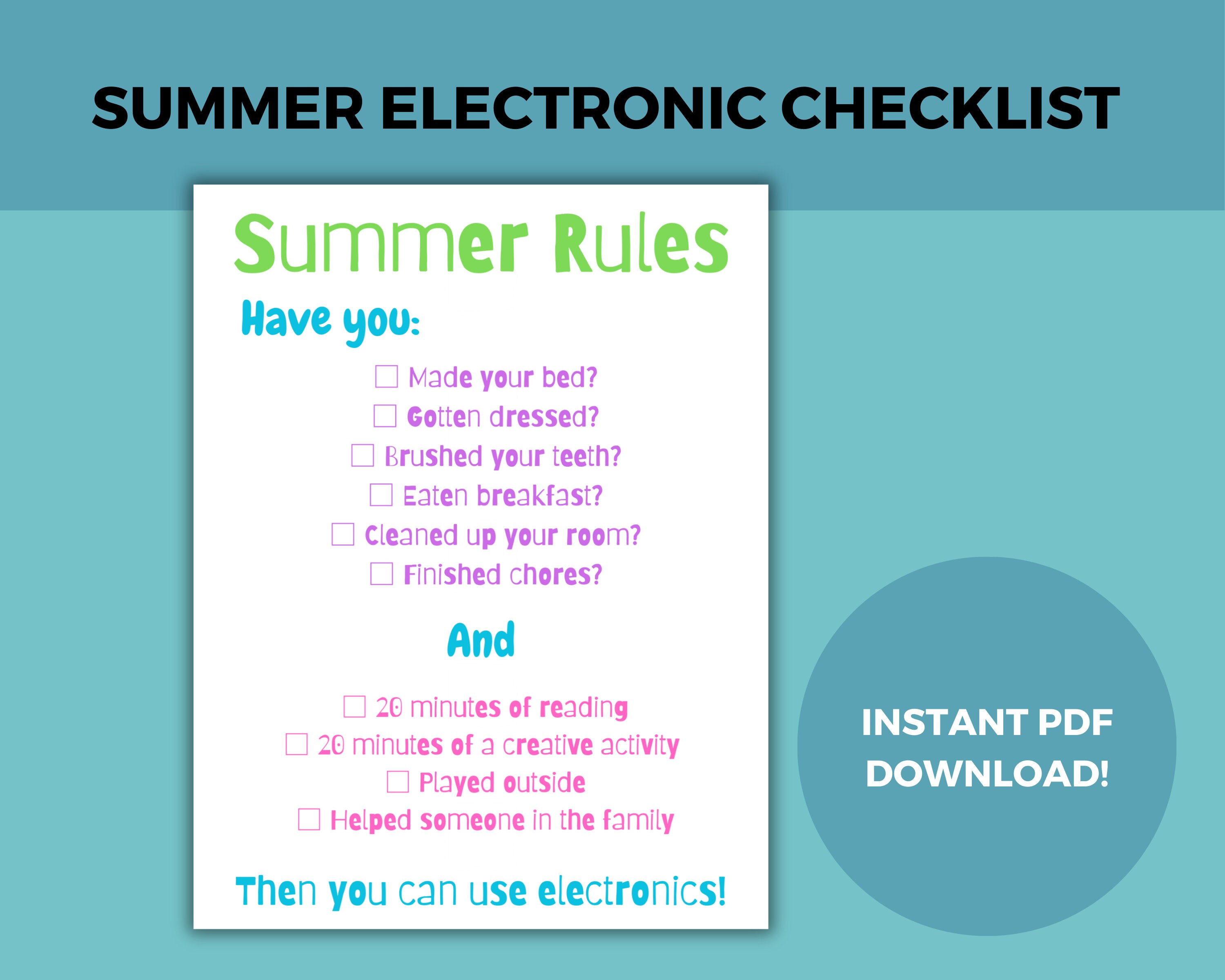 Summer Screentime Rules Checklist Printable, Summer Chore Checklist ...