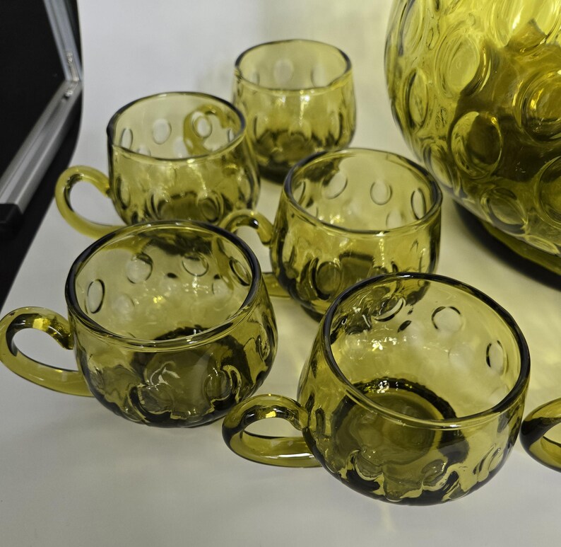 Vintage MCM Empoli Italian Art Glass Olive Green Coin Dot 14 Piece ...