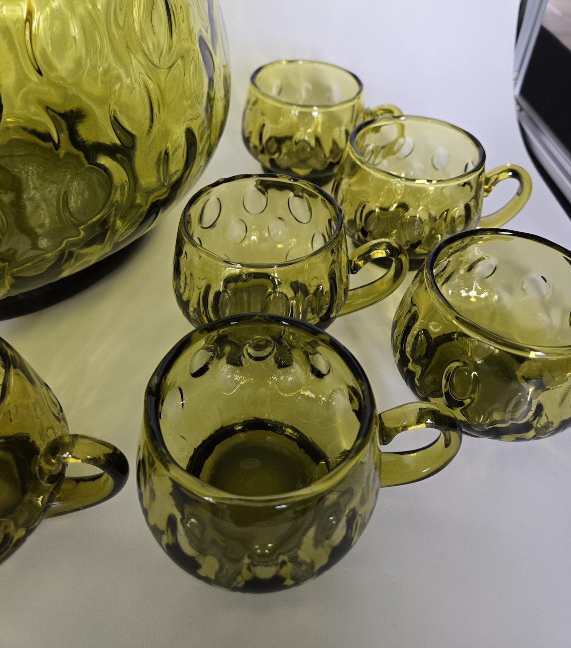 Vintage MCM Empoli Italian Art Glass Olive Green Coin Dot 14 Piece ...
