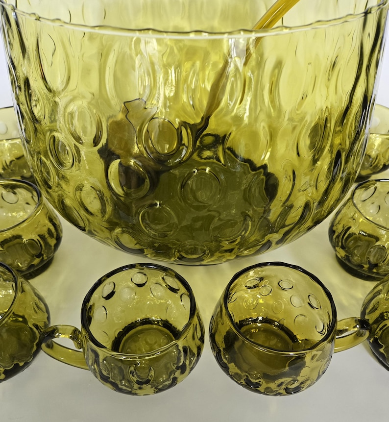 Vintage MCM Empoli Italian Art Glass Olive Green Coin Dot 14 Piece ...