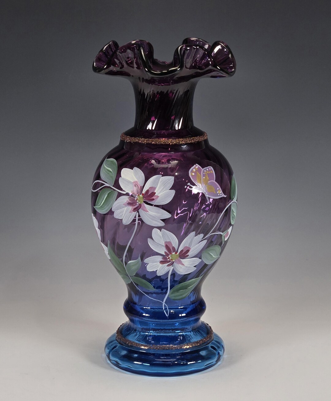 Fenton Mulberry Vase With Butterfly & Flowers Hand Painted by Sue Smith ...