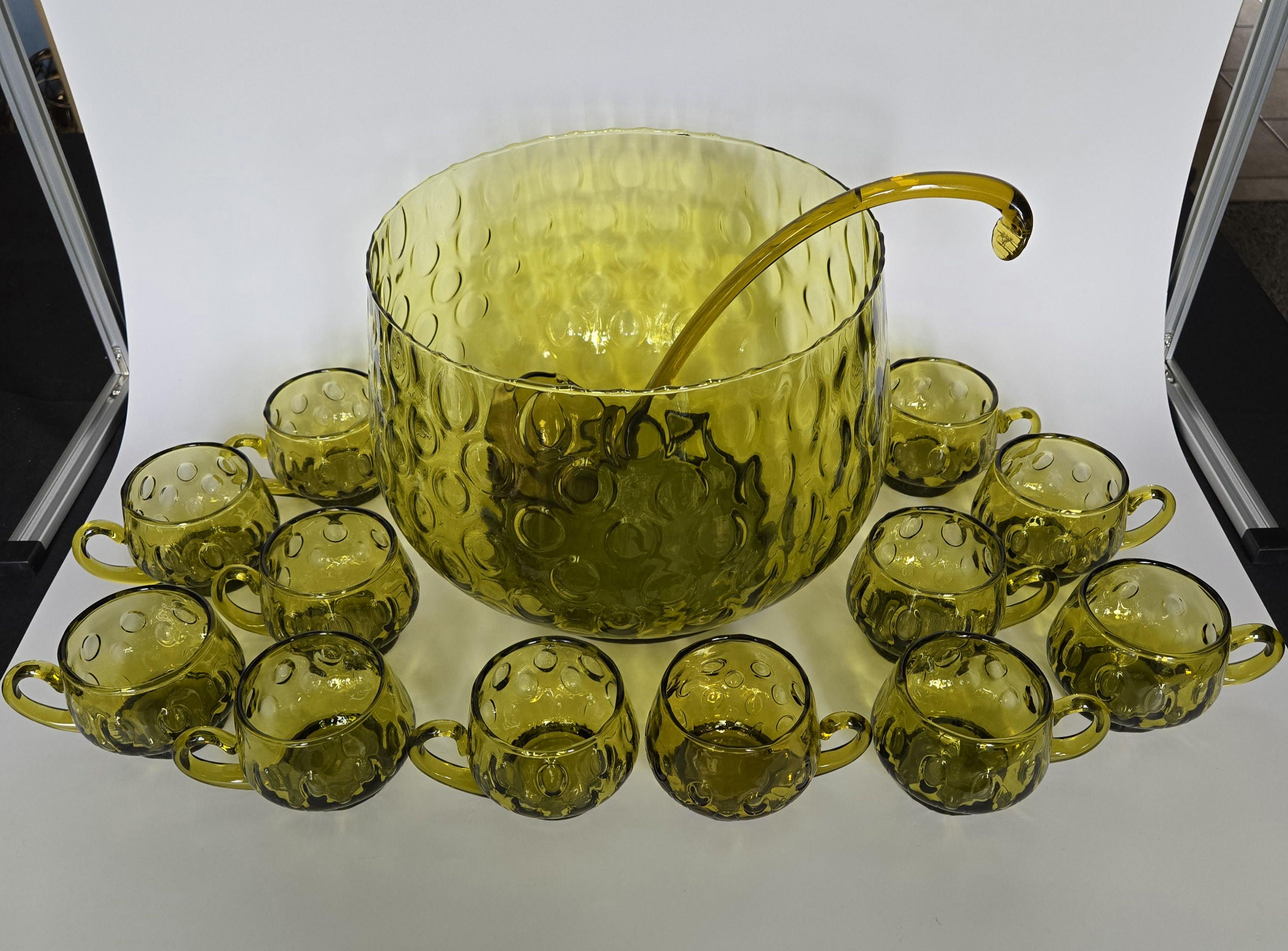 Vintage MCM Empoli Italian Art Glass Olive Green Coin Dot 14 Piece ...