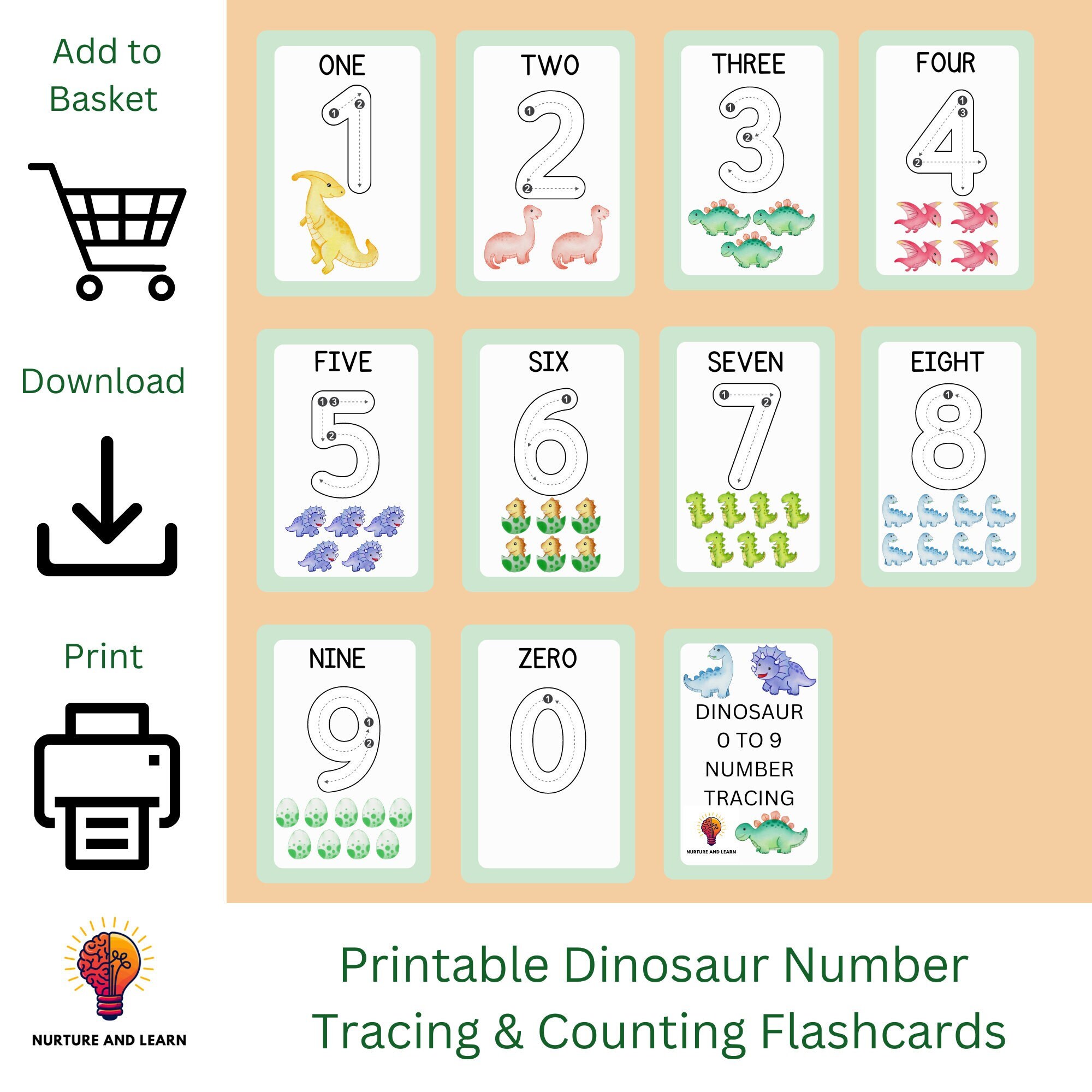 Dinosaur Number Tracing & Counting Flashcards: Fun Dinosaur Learning ...