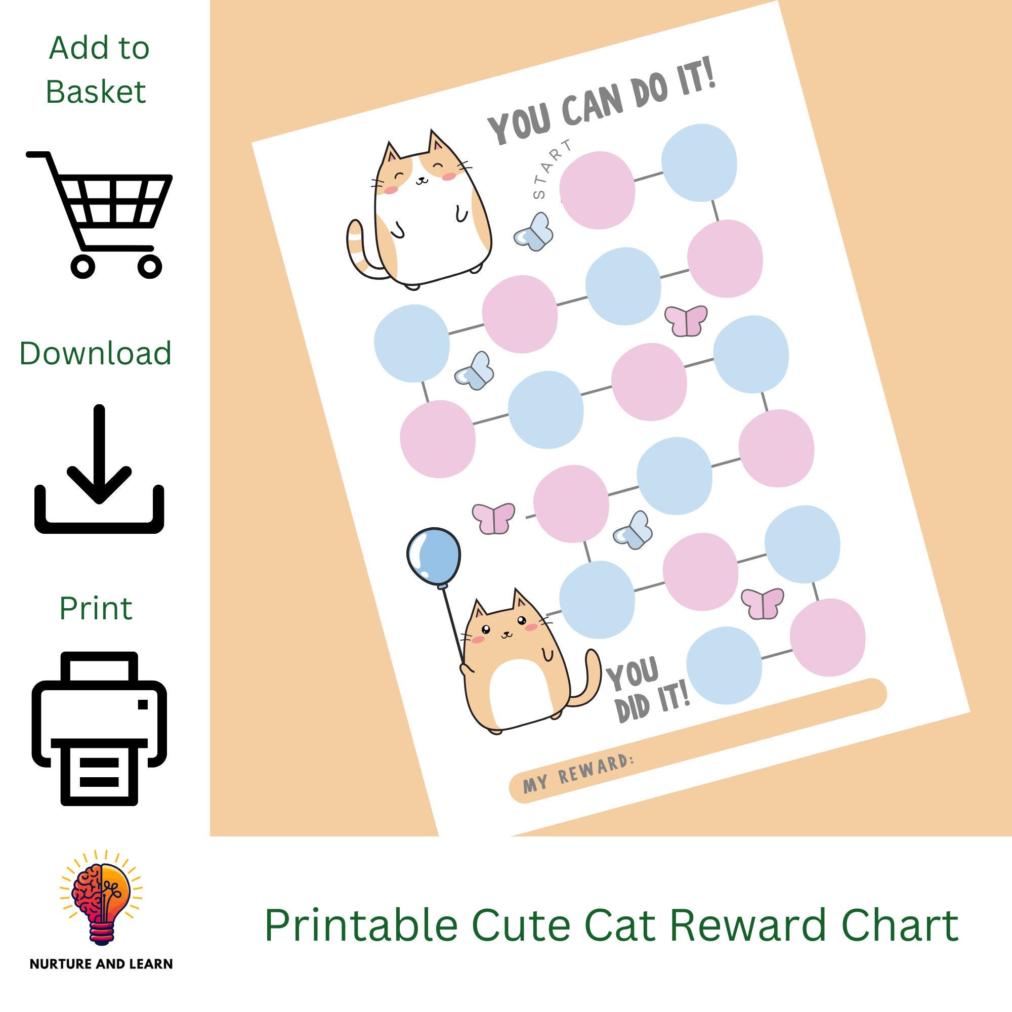 Cute Cat Reward Chart, Sticker Chart, Toddler, Preschool Kids, Letter ...
