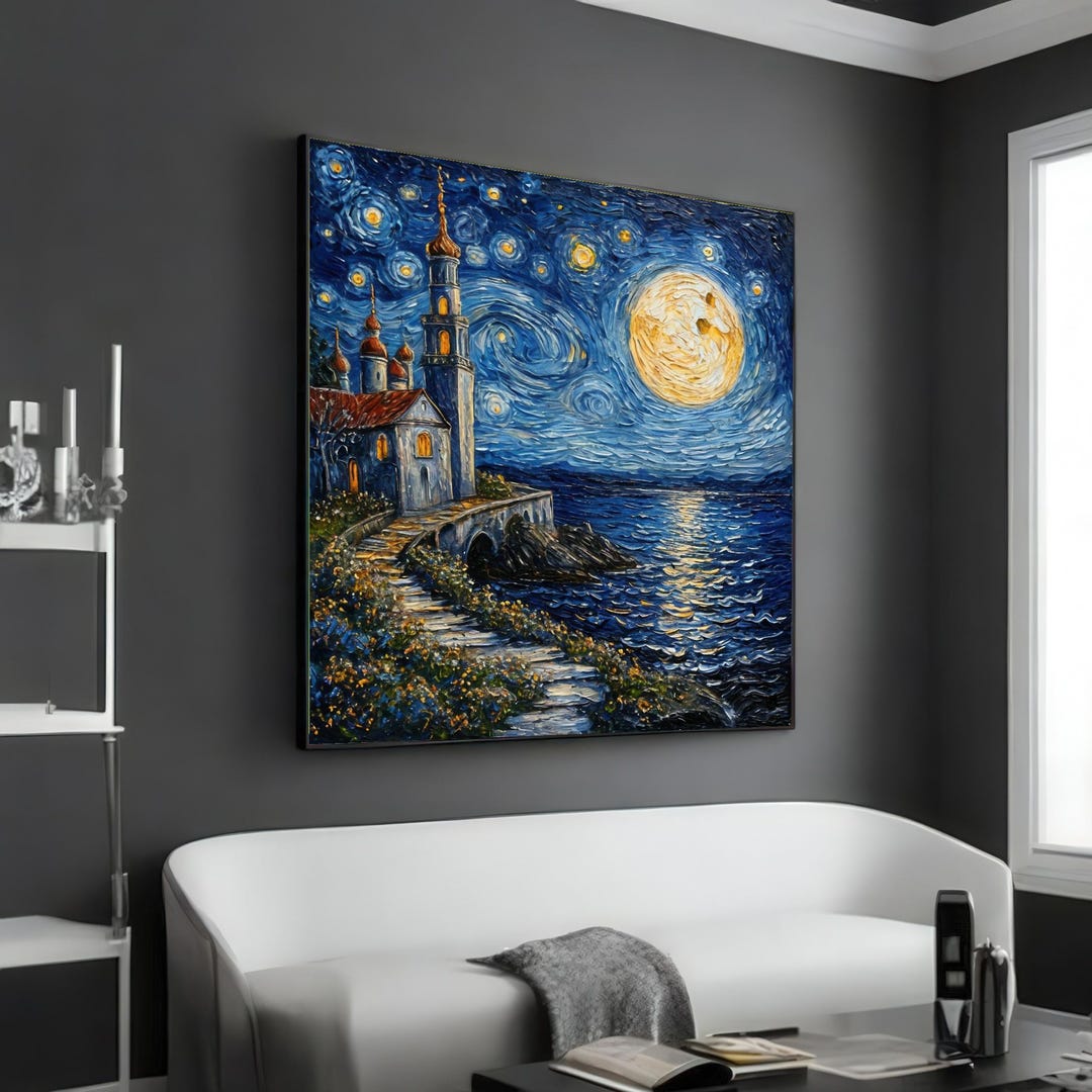 Starry Night Castle Canvas, Van Gogh Style Coastal Art, Moonlit ...