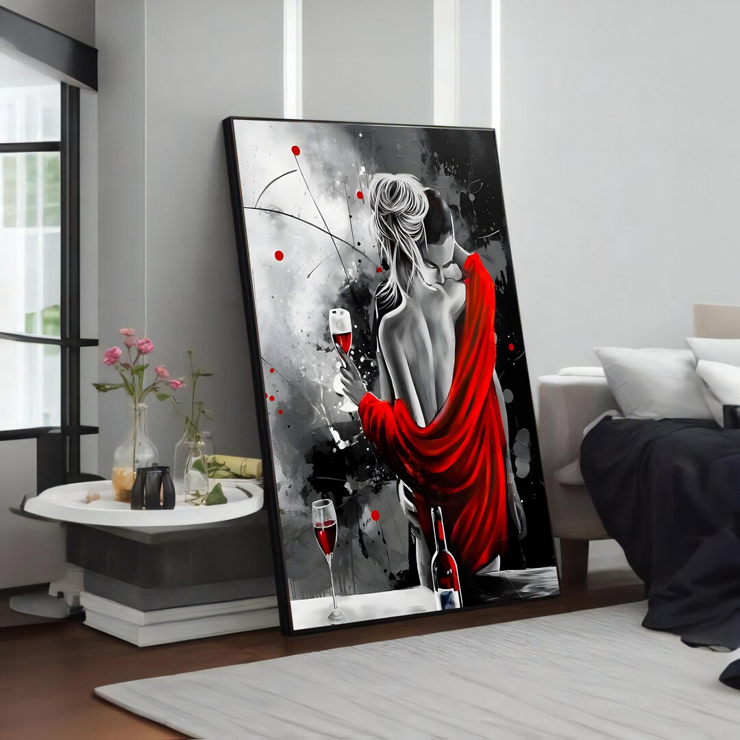 Romantic Moments: Couple in Red Dress Canvas Painting, Modern Wall Art ...