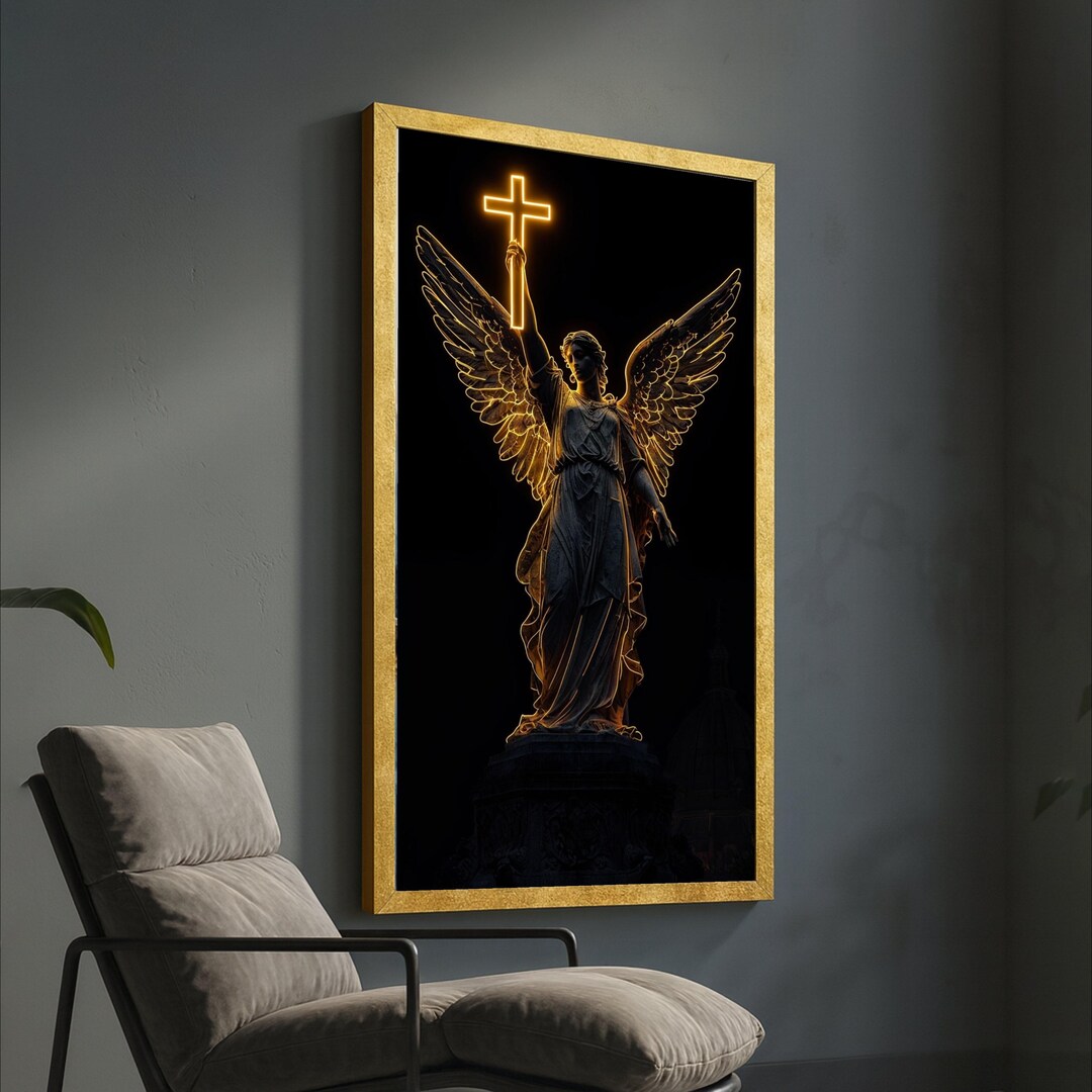 Illuminated Angel Statue With Glowing Cross Canvas, Spiritual Wall Art ...