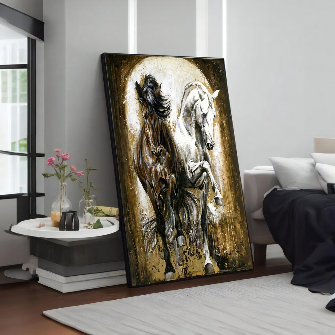 Brotherhood: Captivating Moment of Horses Canvas Painting, Animal Wall ...