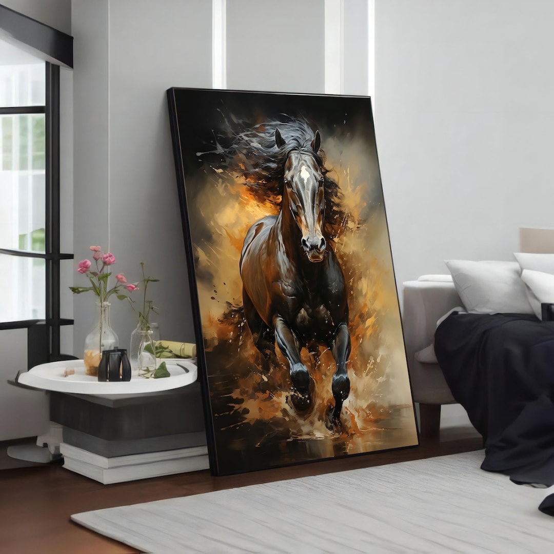 Symbol of Passion: Flames and Horse Canvas Painting, Vibrant Animal ...