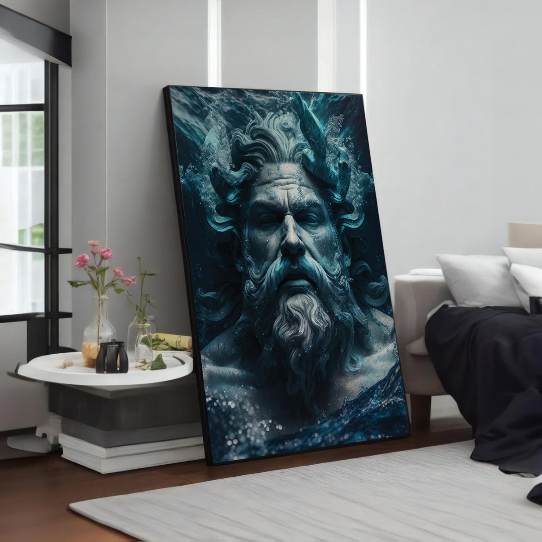 Lord of the Seas: Poseidon Statue Canvas Painting, Modern Wall Art ...