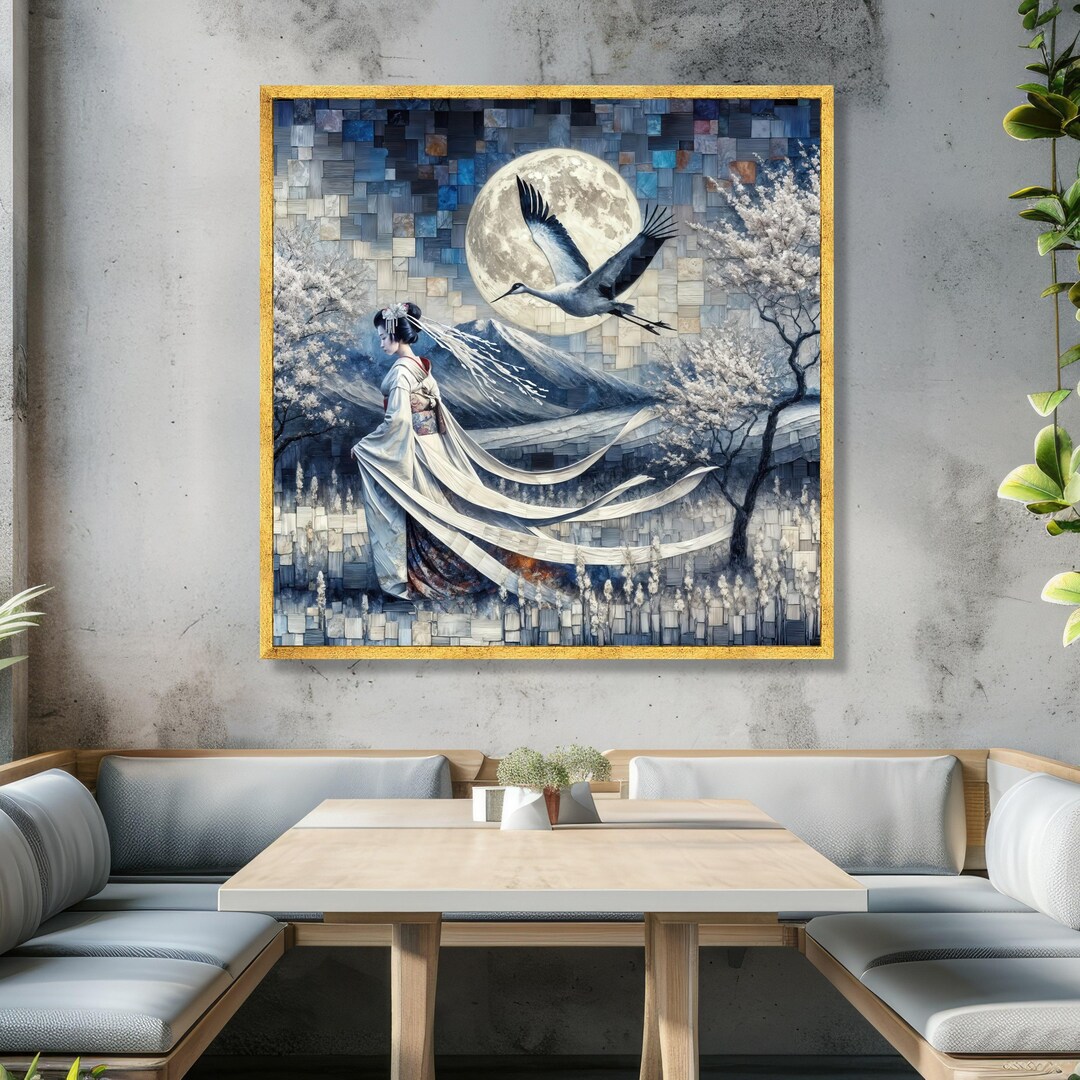 Ethereal Geisha With Crane, Full Moon Canvas, Japanese Kimono Art ...
