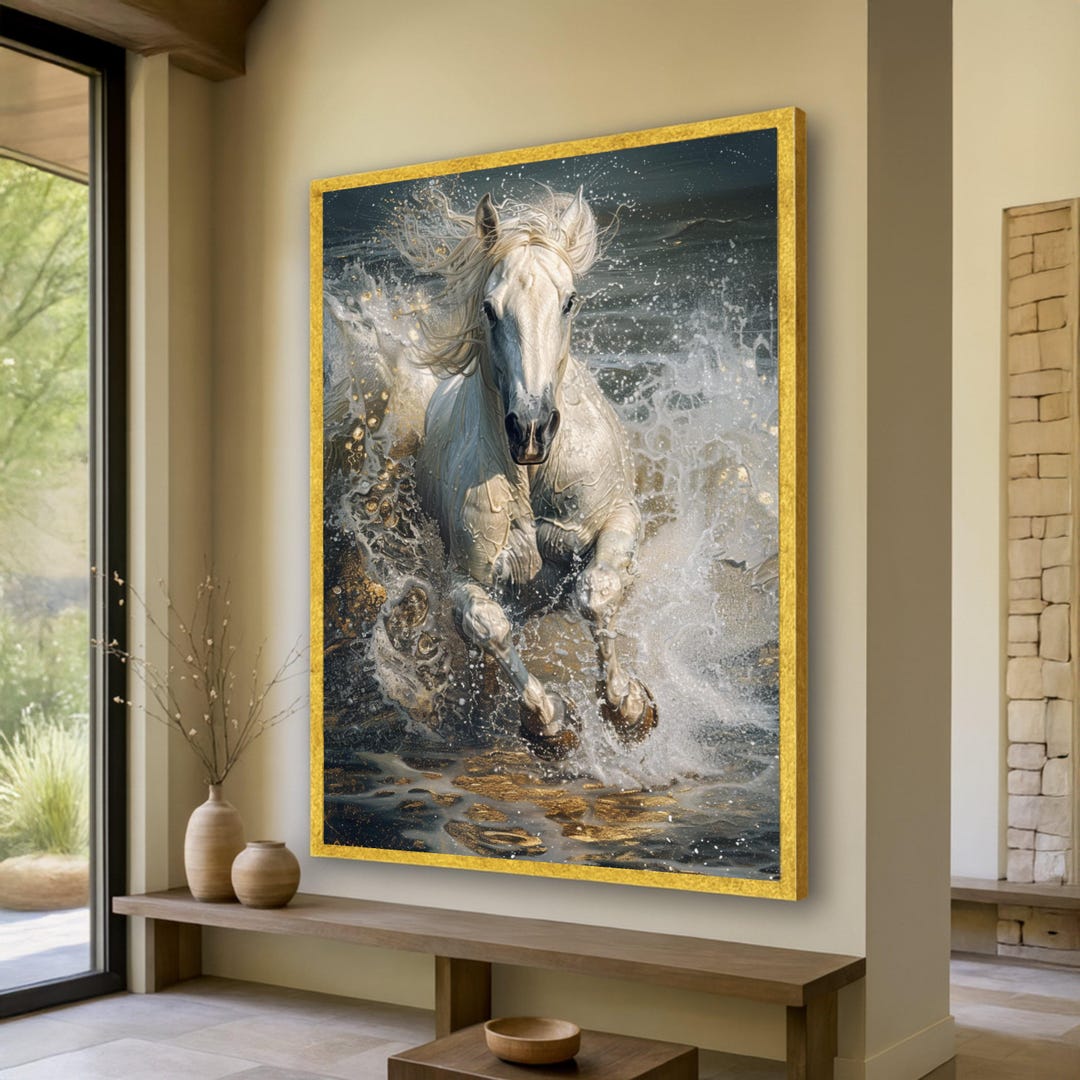 Majestic White Horse Running Canvas, Splashing Water Wall Art, Dynamic ...