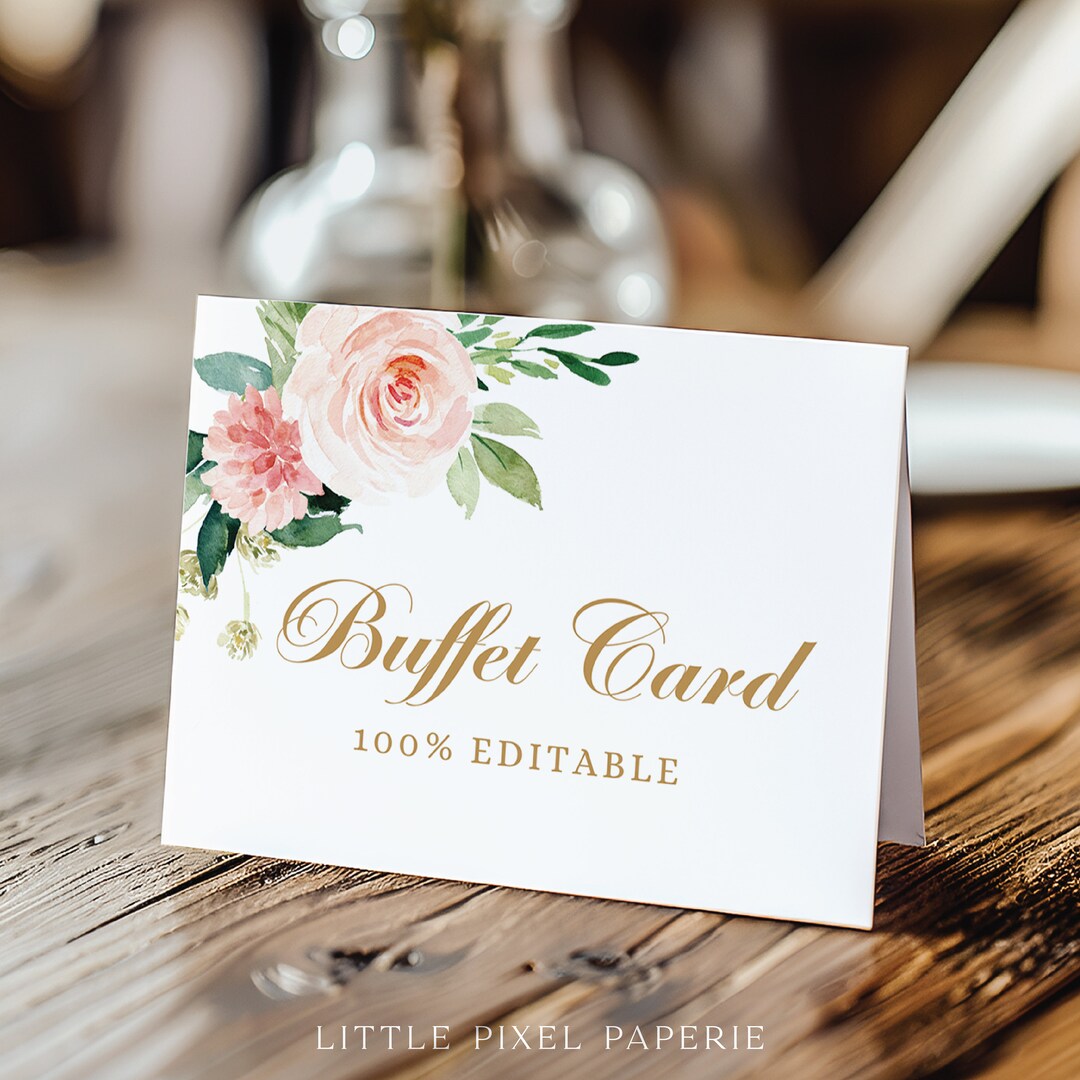 Buffet Card Template, Pink & Gold Watercolor Floral Wedding Food Label ...