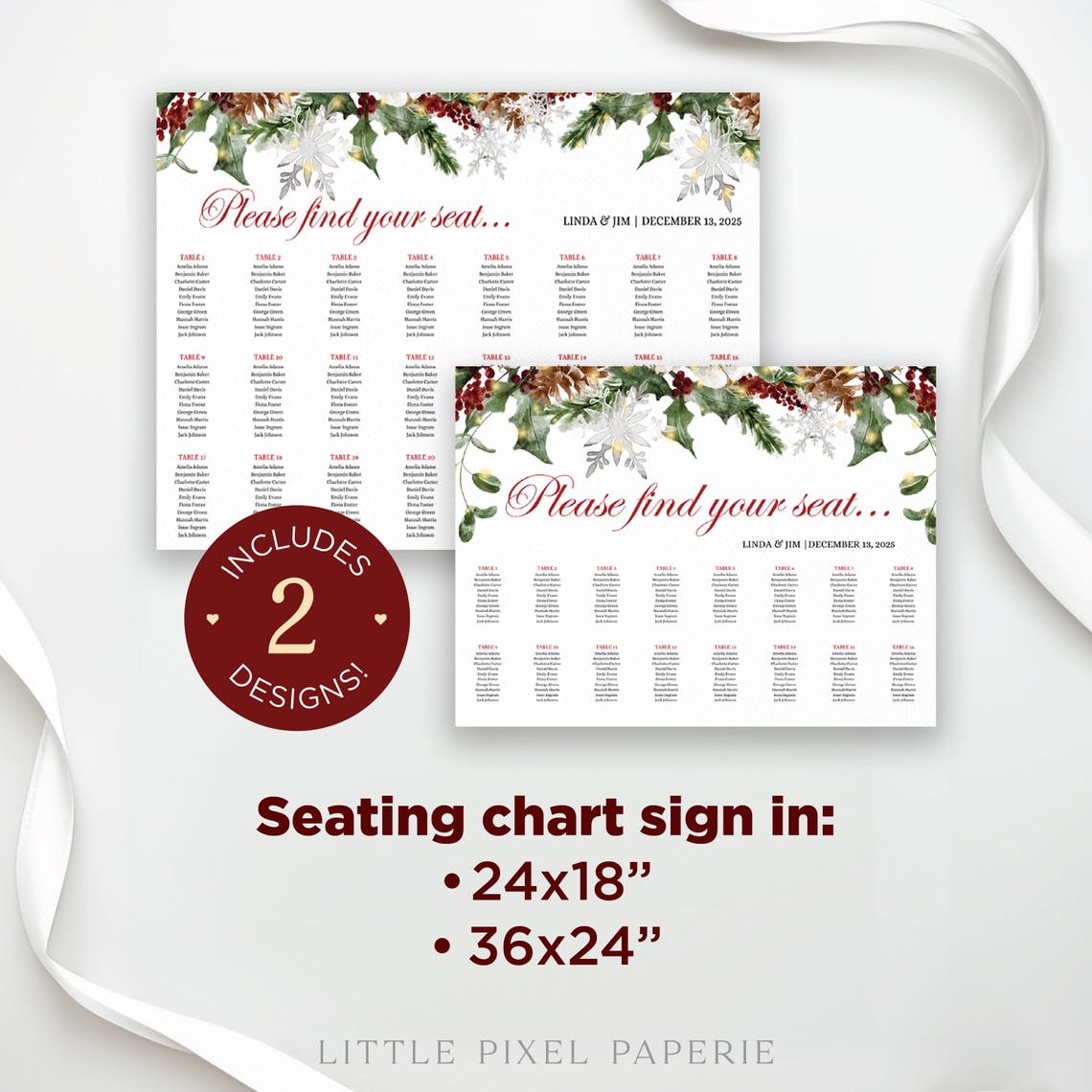 Holiday Wedding Seating Chart Template, Horizontal Christmas Elegant ...