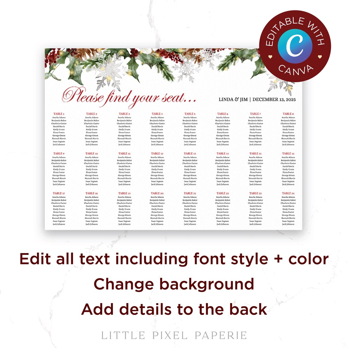 Holiday Wedding Seating Chart Template, Horizontal Christmas Elegant ...