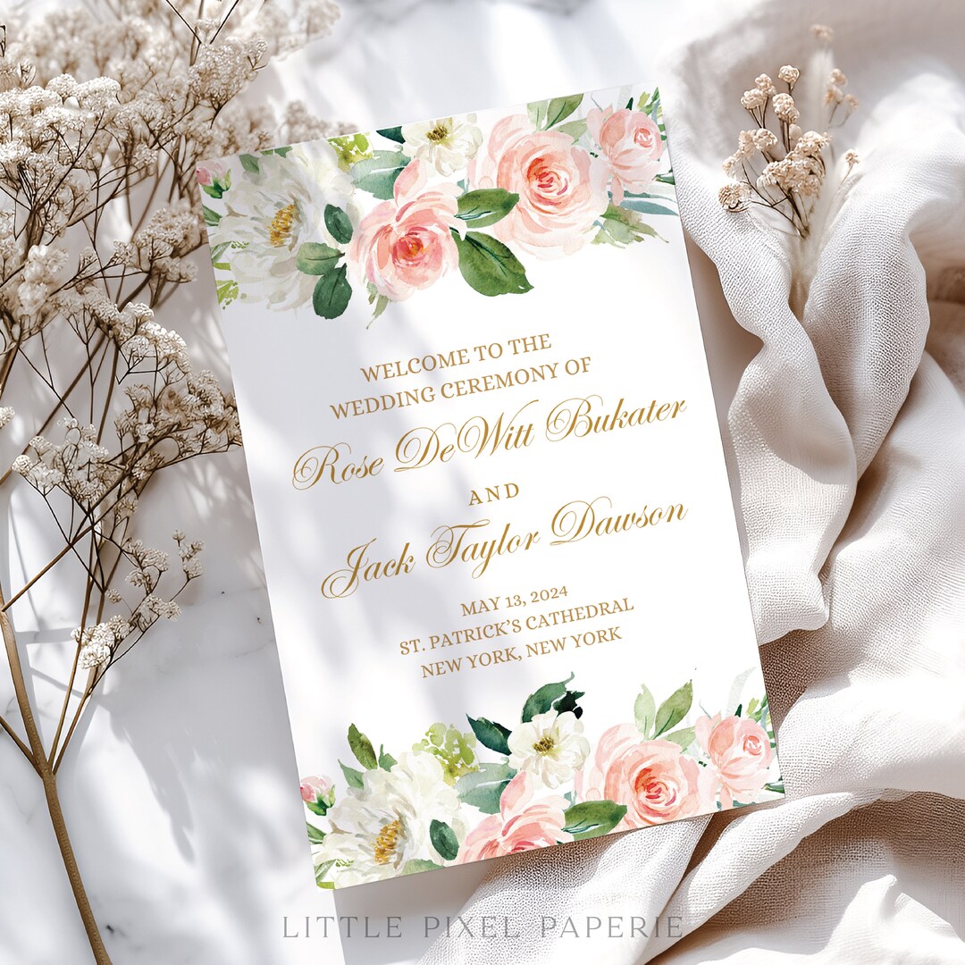 Wedding Program Template, Watercolor Pink Gold, Wedding Ceremony ...