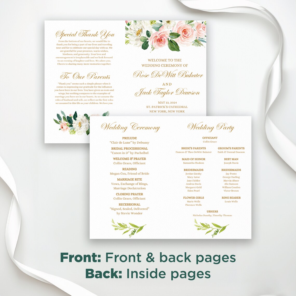 Wedding Program Template, Watercolor Pink Gold, Wedding Ceremony ...