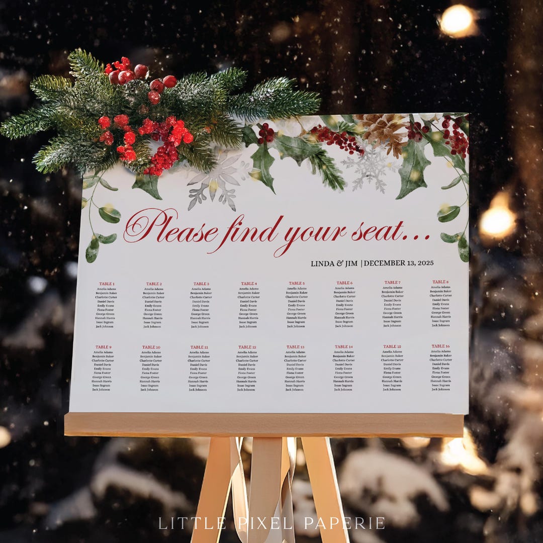 Holiday Wedding Seating Chart Template, Horizontal Christmas Elegant ...
