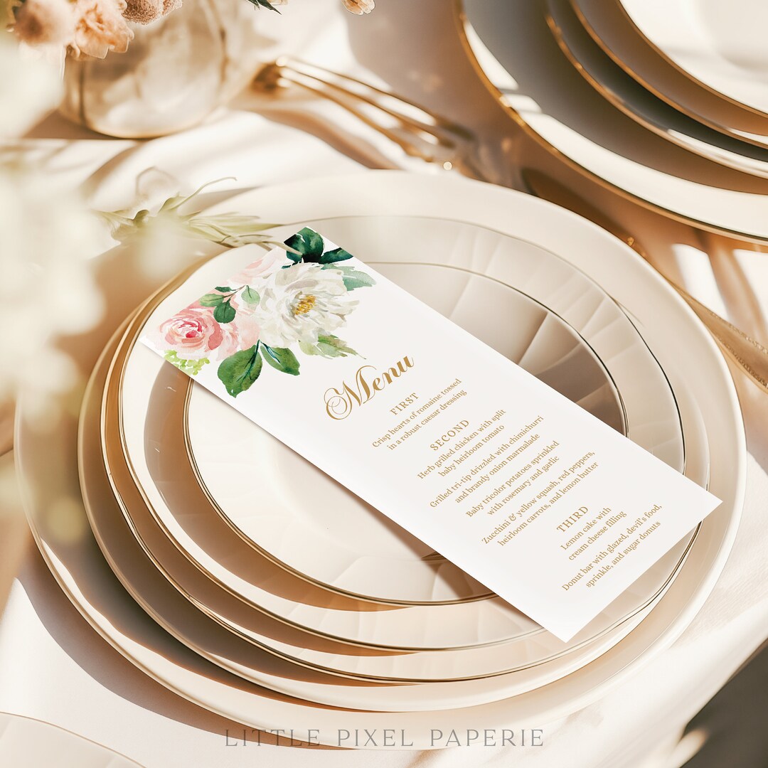 Wedding Menu Template, Pink & Gold Floral Wedding Menu Card, Spring ...