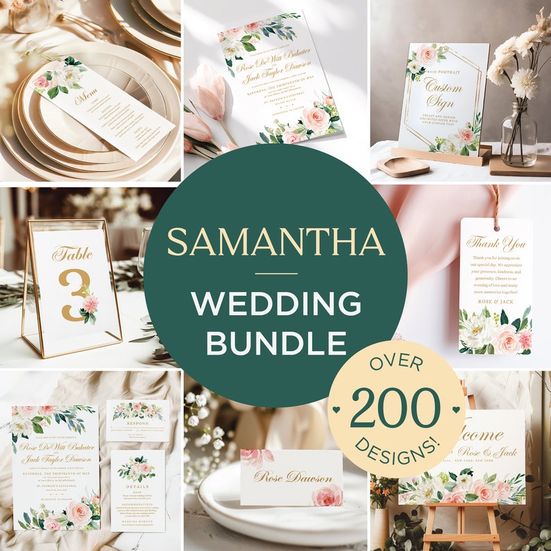 Pink & Gold Floral Wedding Template Bundle, Wedding Invitation Kit ...