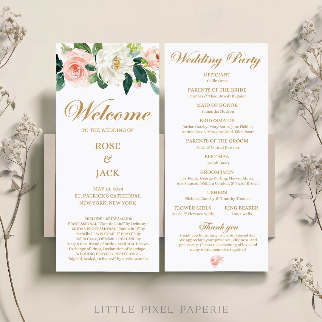 Floral Wedding Program Template, Watercolor Pink Gold, Wedding Ceremony ...