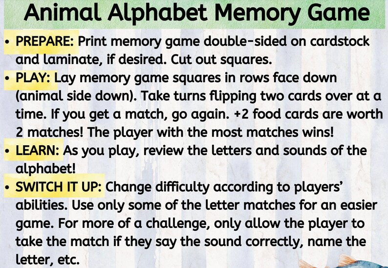 Animal Alphabet Letters and Sounds Memory Game - Etsy