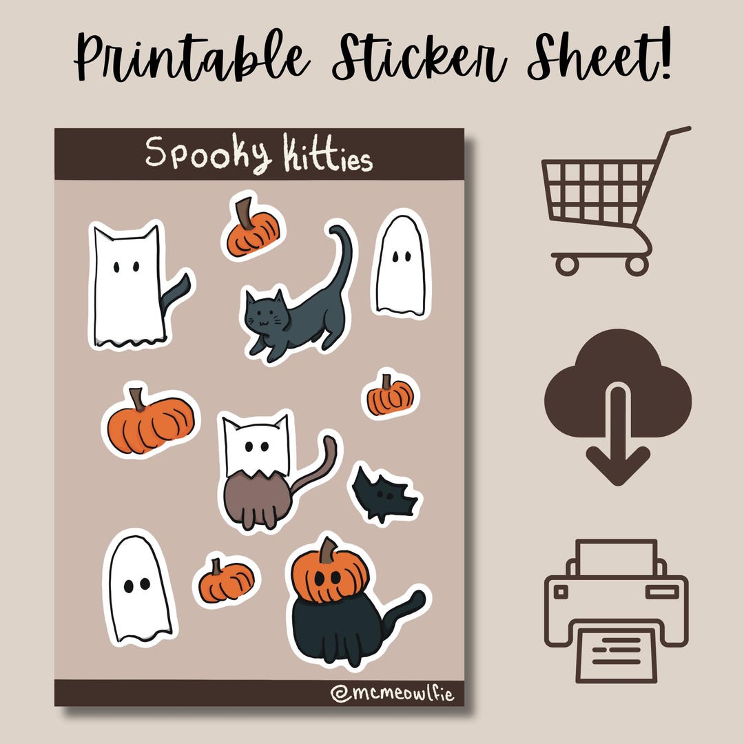 Spookykitties Printable Sticker Sheet | Cute Cat Stickers | Print Then ...
