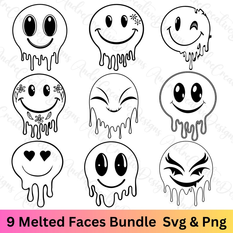 Smiley Face Bundle Svg Happy Face Svg Drippy Smiley Svg Melted Smiley ...
