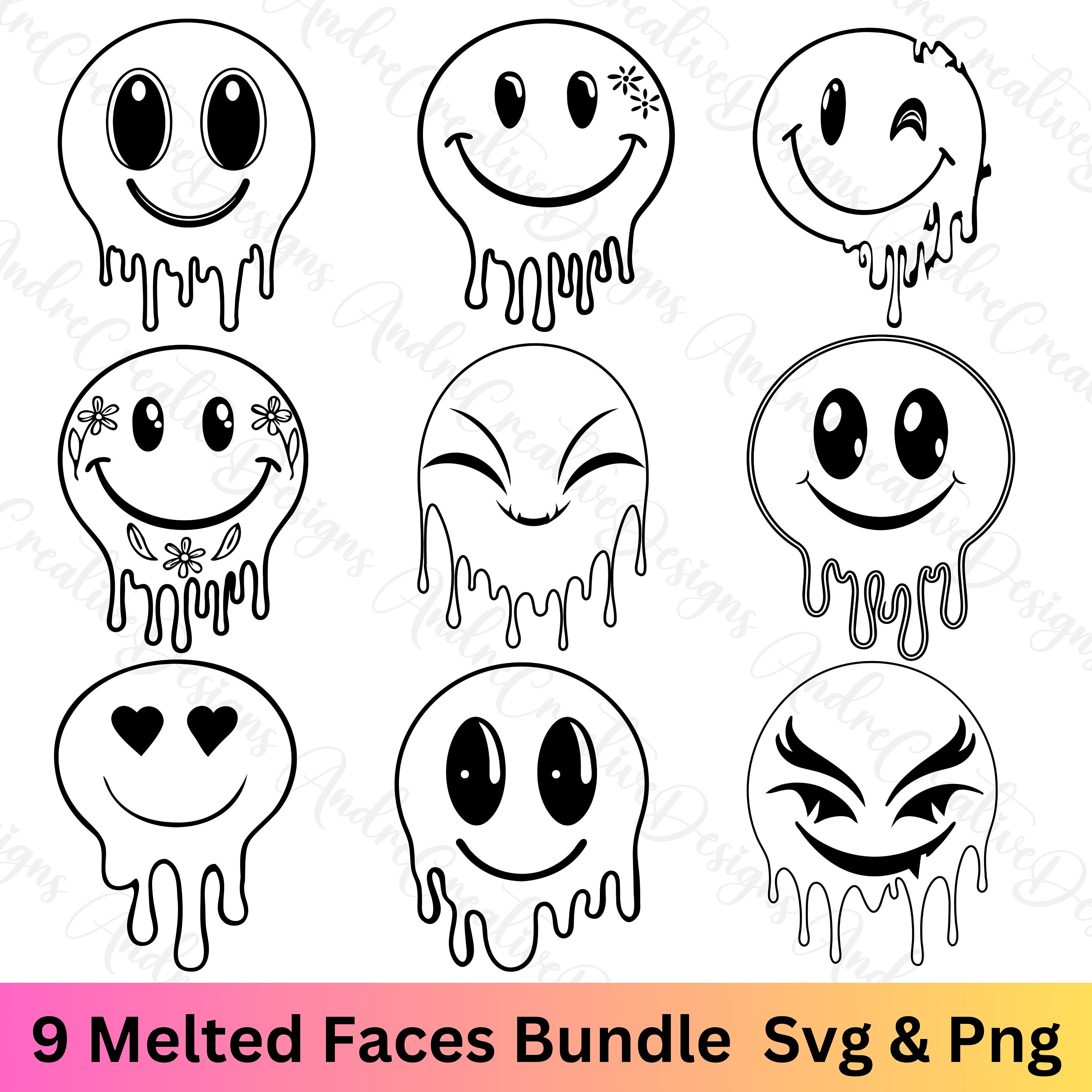 Smiley Face Bundle Svg Happy Face Svg Drippy Smiley Svg Melted Smiley ...
