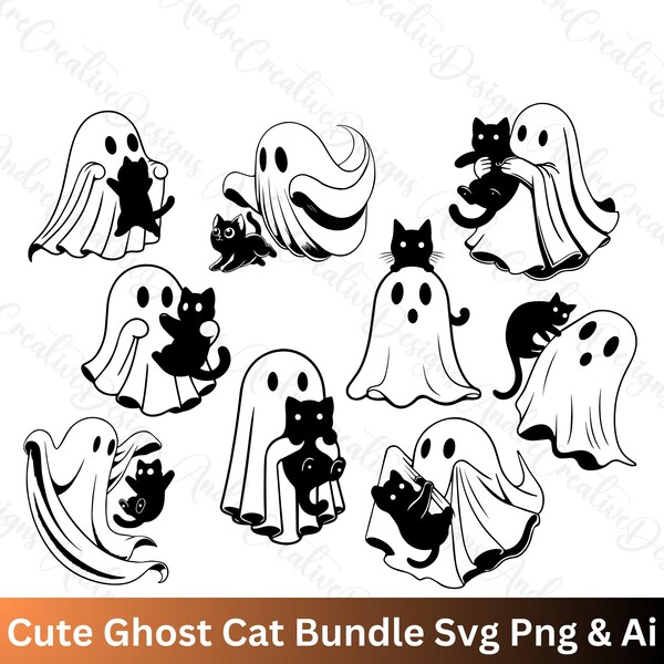 Сute Ghost Cats Bundle SVG Ghost Cats PNG Vector for Cricut Halloween ...
