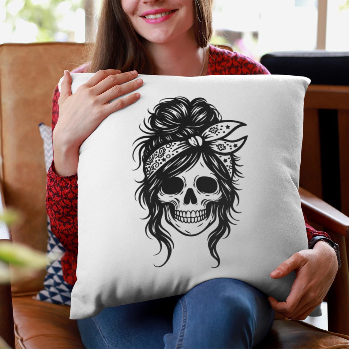 Skull With Messy Bun Hair SVG & PNG, Skeleton Mom Face Clipart ...