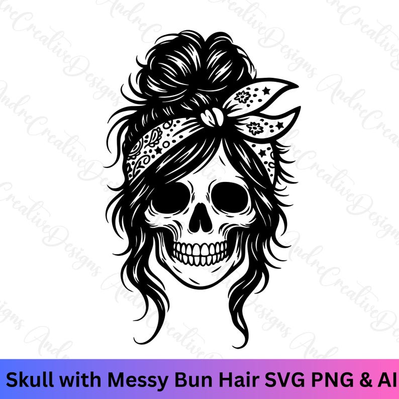 Skull With Messy Bun Hair SVG & PNG, Skeleton Mom Face Clipart ...