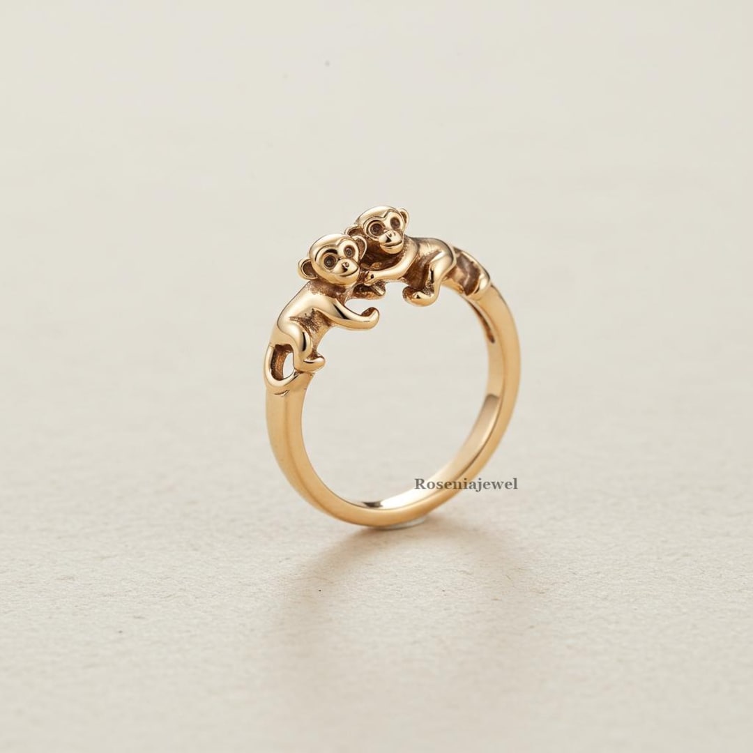 Two Small Monkeys Hugging Ring, 14K Solid Yellow Gold Animal Inspired ...