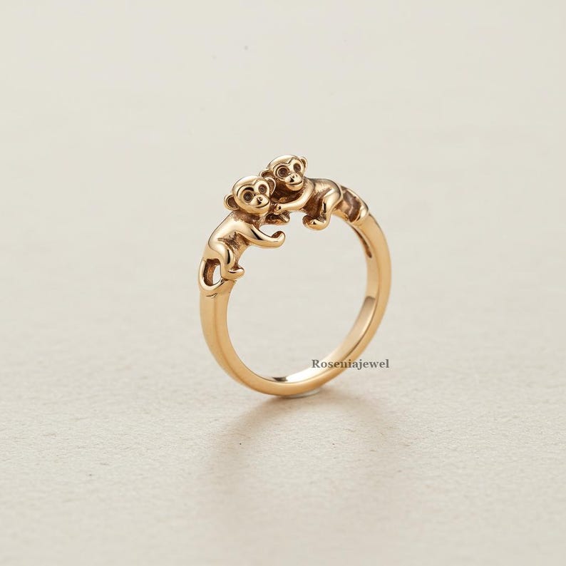 Two Small Monkeys Hugging Ring, 14K Solid Yellow Gold Animal Inspired ...