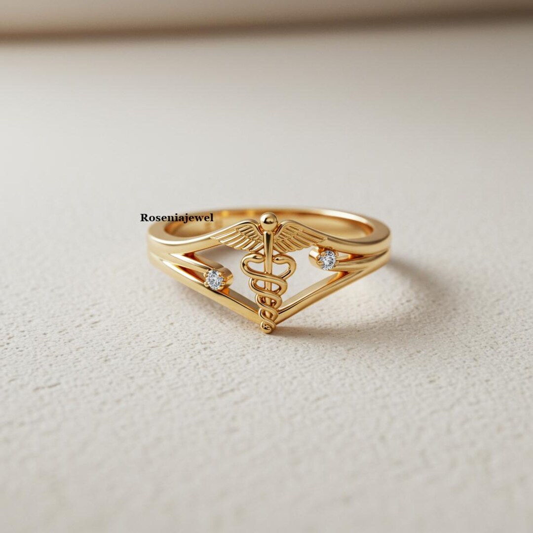 14K Gold Caduceus Symbol Ring, Symbol of Medical Ring, Personalized ...