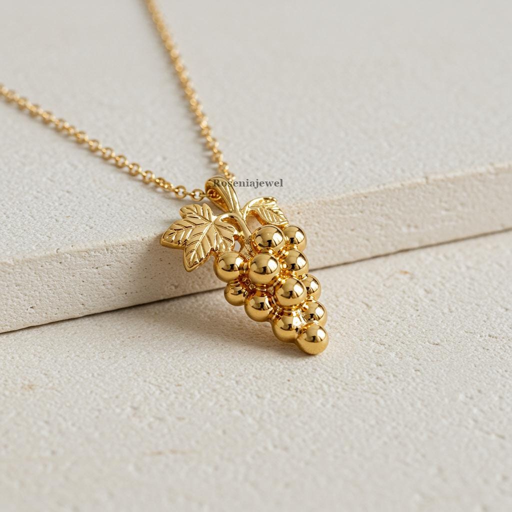 14K Gold Grape Pendant, Minimalist Fruit Jewelry, Delicate Fruit ...
