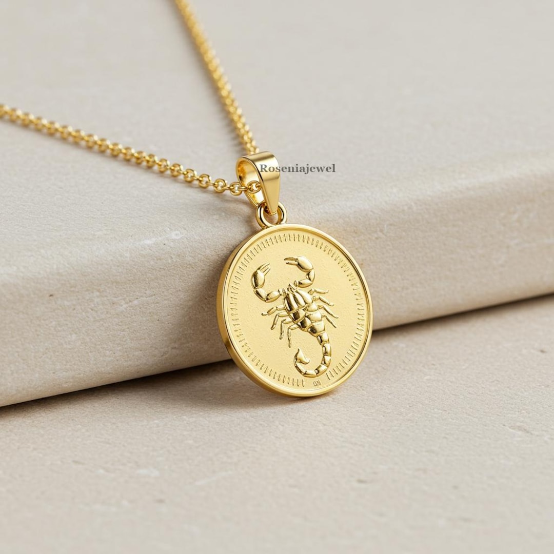 14K Gold Scorpio Pendant, Personalized Scorpio Round Pendant, Scorpion ...