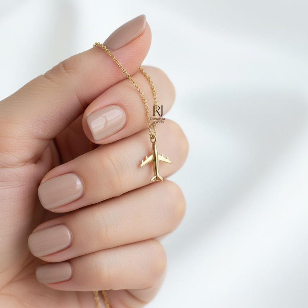 14K Solid Gold Airplane Pendant, Dainty Fly Plane Charm, Aviation ...