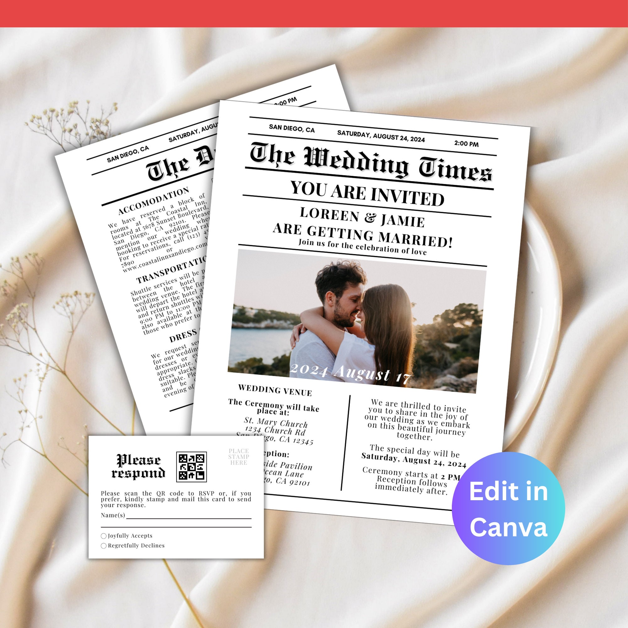 Newspaper style wedding invitations | Beachweddingtips.com