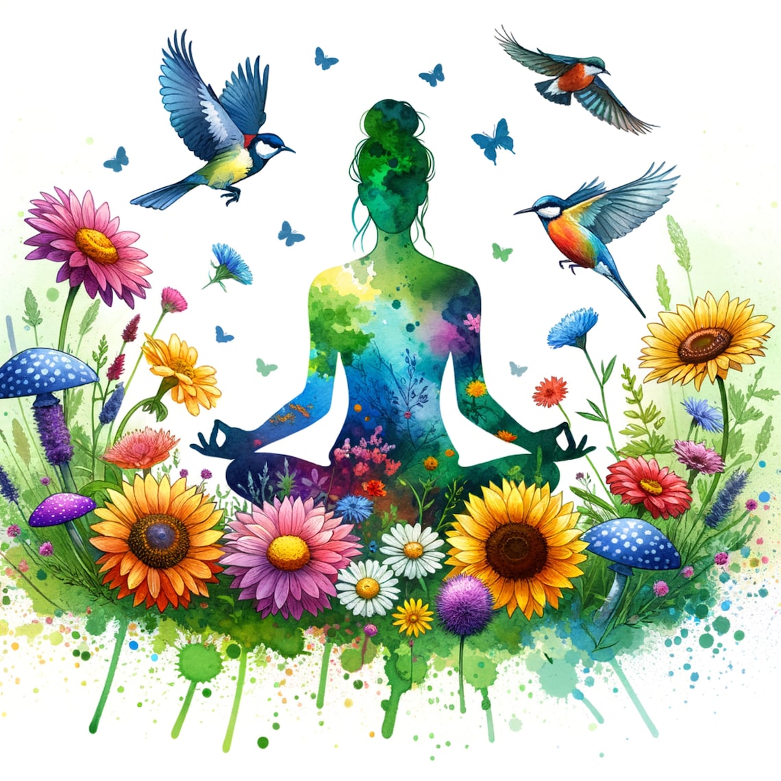 Colorful Meditation Art Print, Nature Inspired Poster, Watercolor Yoga ...