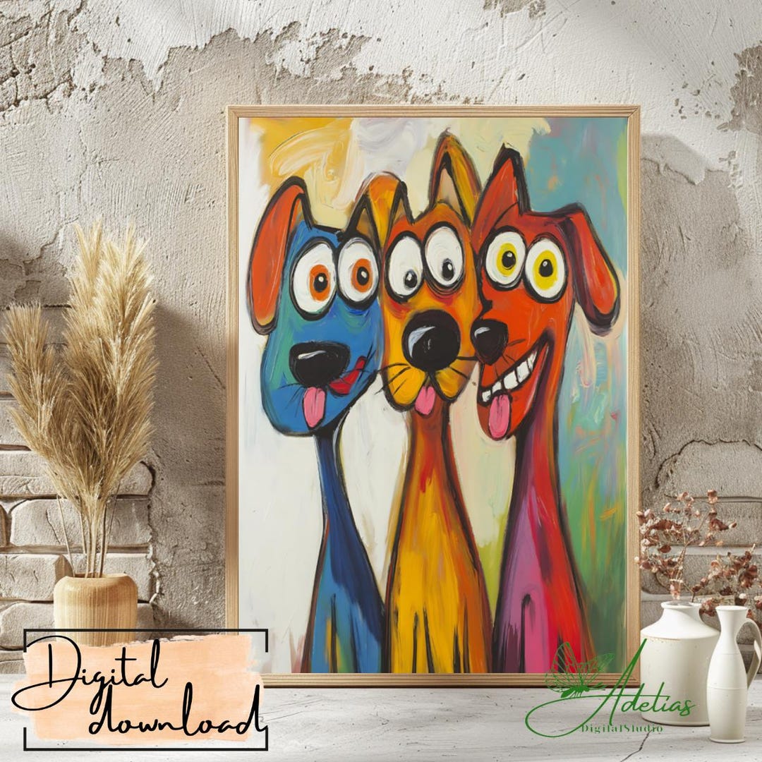 Colorful Cartoon Dog Trio Wall Art, Whimsical Digital Pet Print, Funny ...