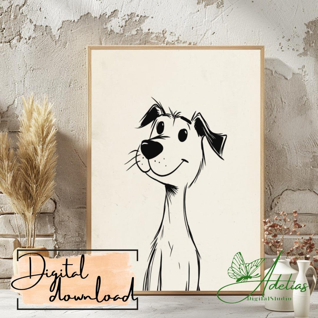 Adorable Cartoon Dog Drawing Printable Wall Art, Cute Animal ...