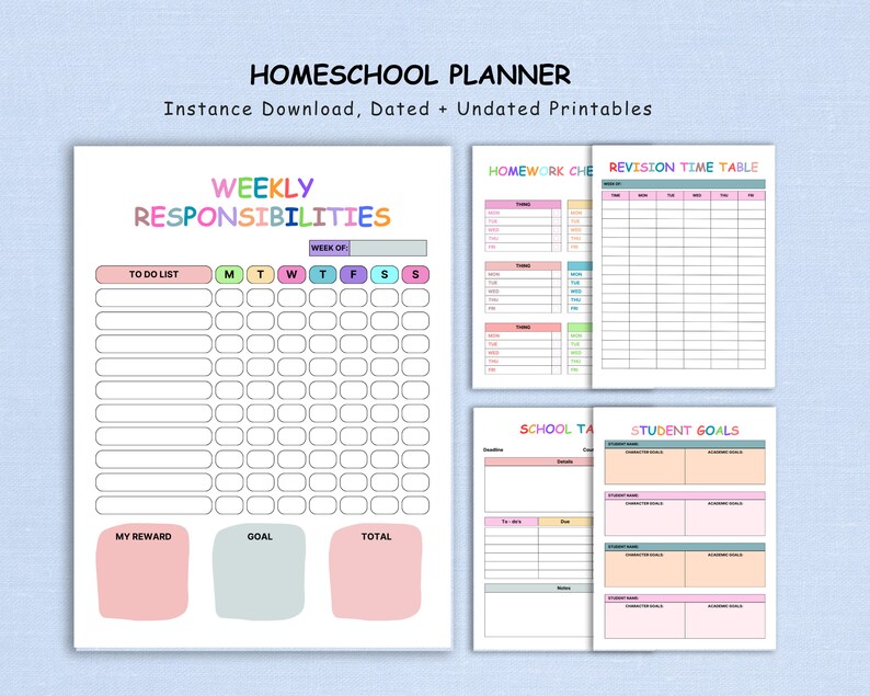 Colorful Homeschool Planner, Academic Weekly Organizer, Student Agenda ...