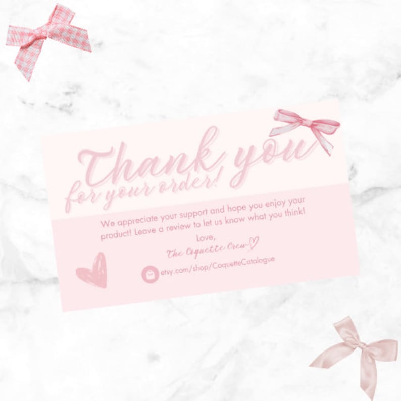 Coquette Cute Pink Ribbon Bow Heart Editable Business Thank You for ...