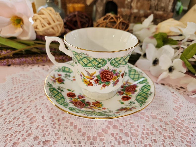 Clare Bone China Tea Cup and Saucer Set, Floral Lattice, Made in ...