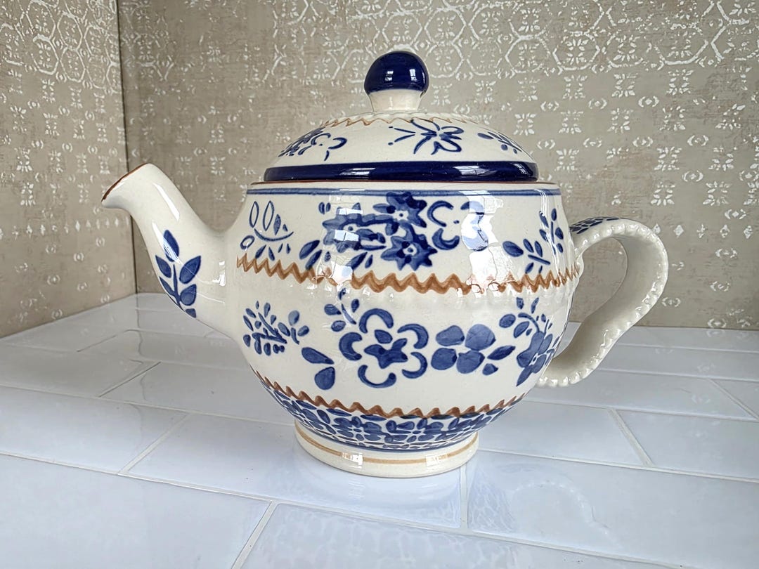 Vintage Meritage Blue Floral Stoneware Teapot – 6.5" Tall, Dishwasher ...