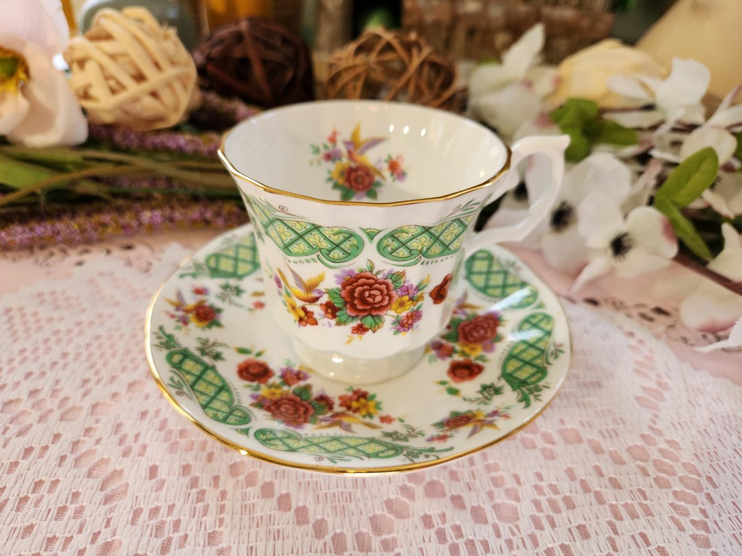 Clare Bone China Tea Cup and Saucer Set, Floral Lattice, Made in ...